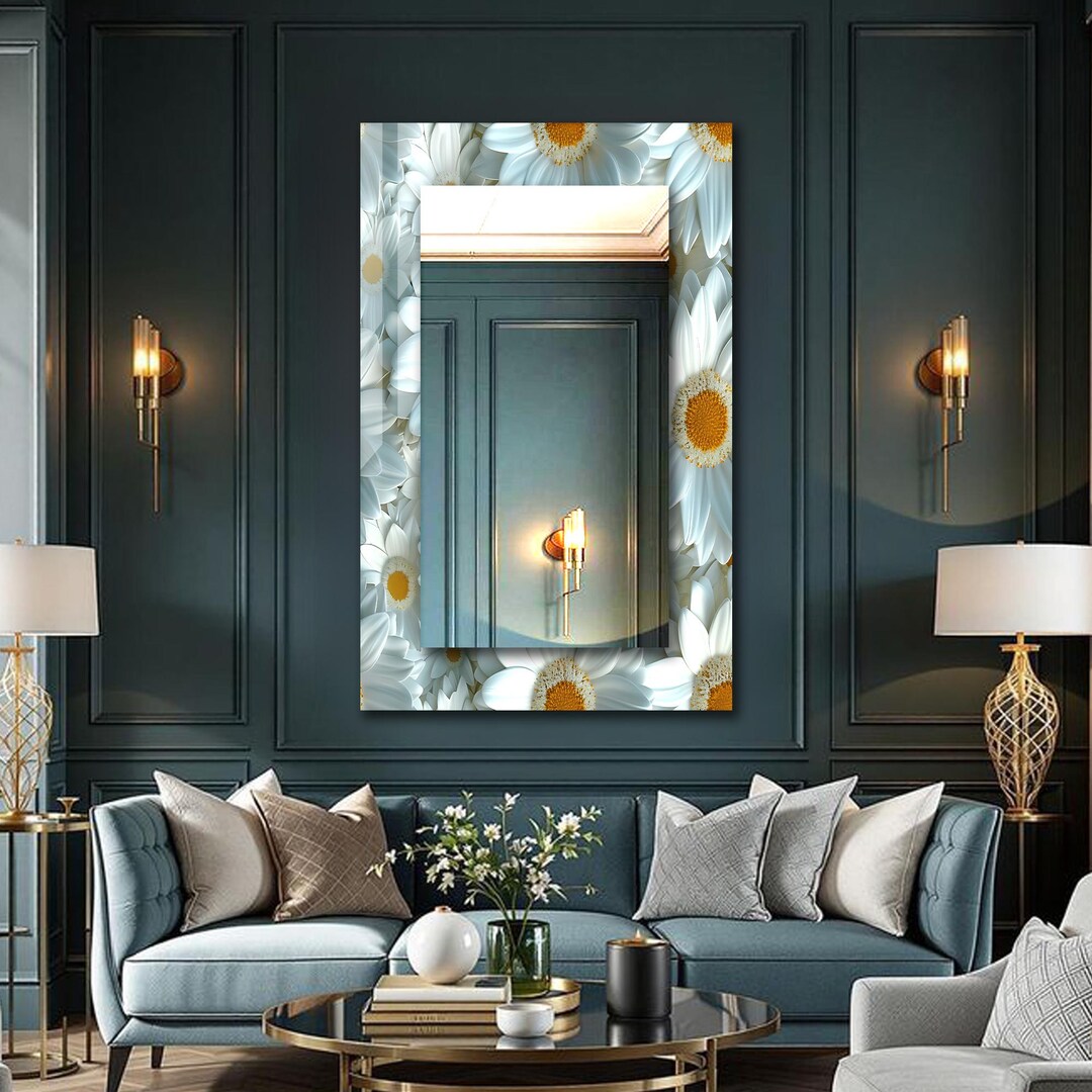 Extra Large Floral Theme Tempered Glass Mirror Wall Decor for Bathroom ...
