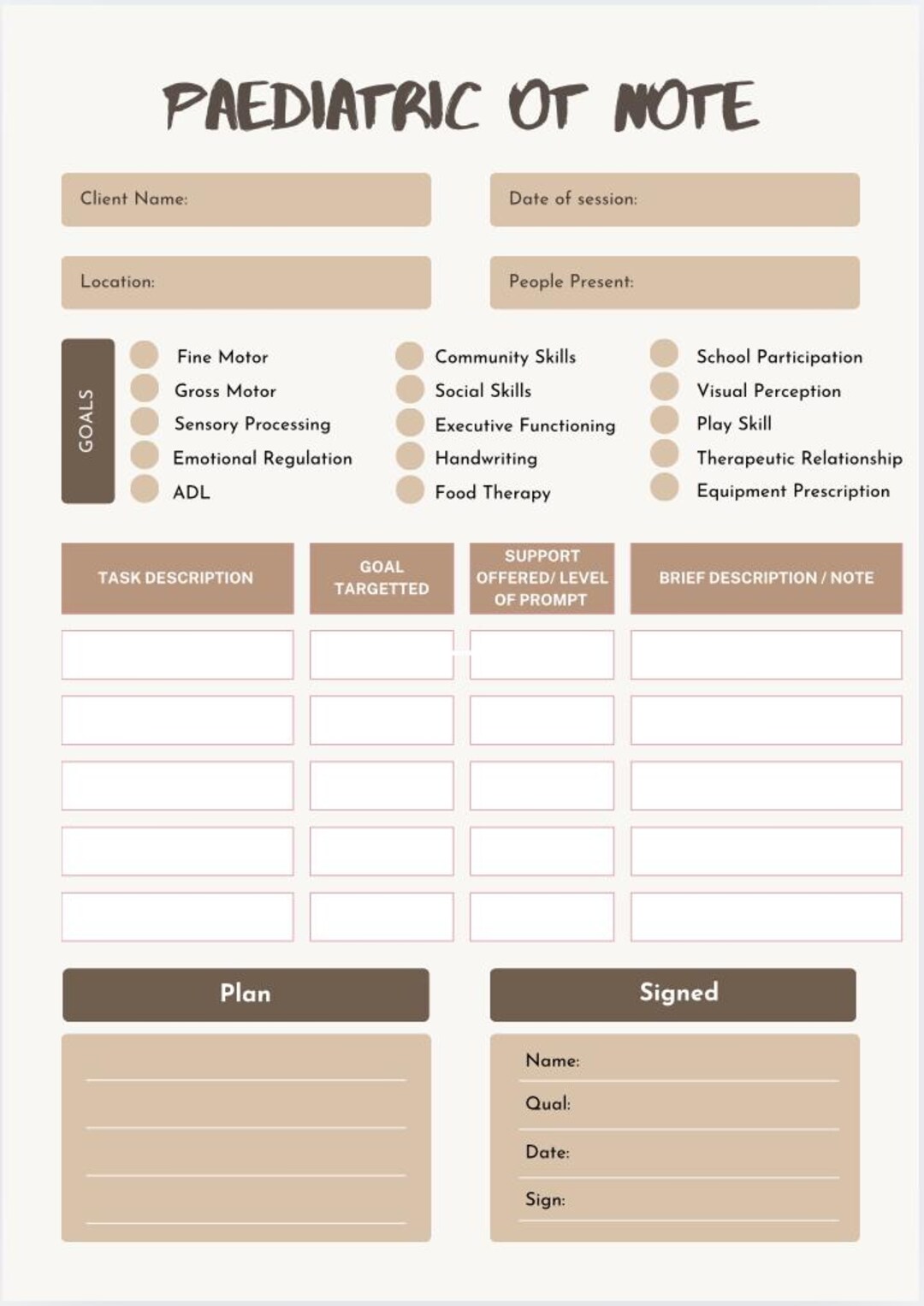Paediatric Occupational Therapy Session Note Template - Etsy