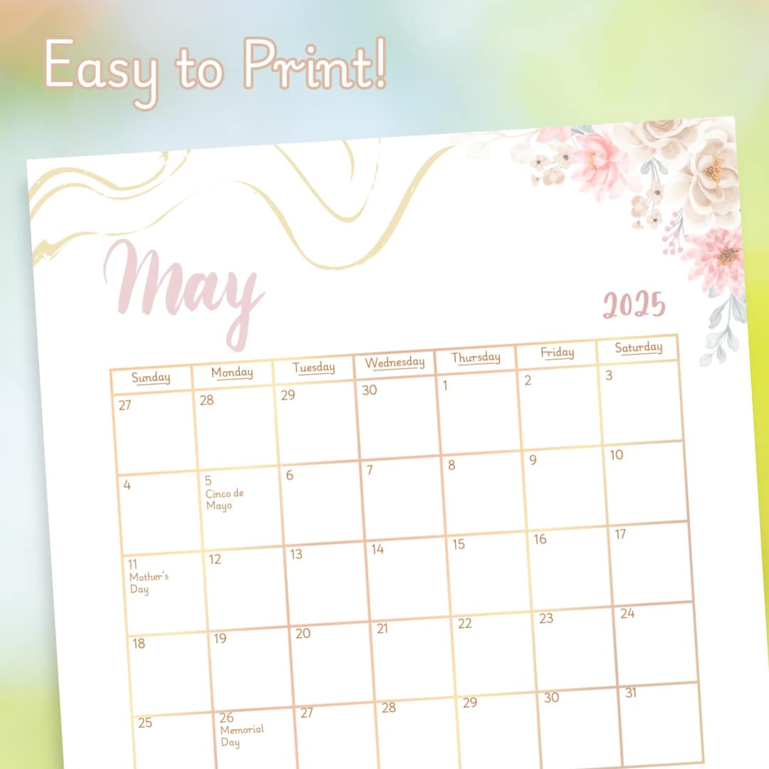 May 2025 Calendar Printable, Spring Floral Monthly Planner, Instant ...