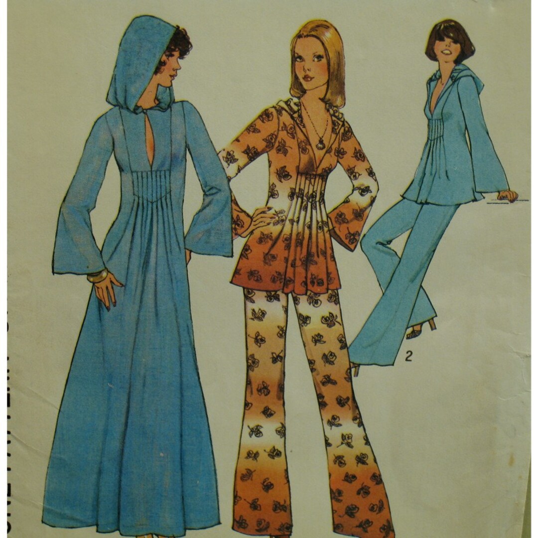 70s Hooded Caftan or Top Pattern, Front Tucks, Open Neck, Bell Sleeves ...