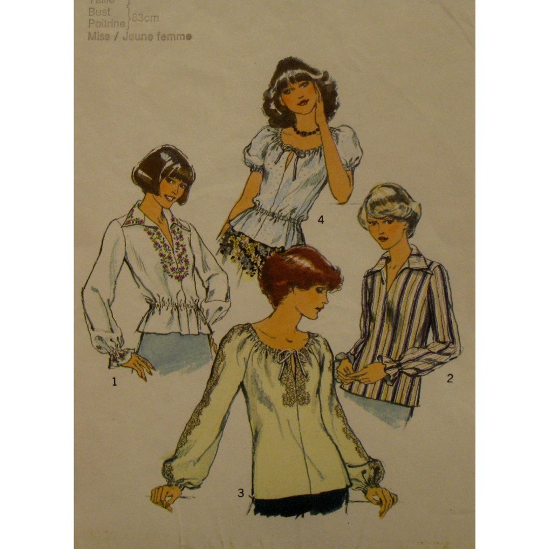 70s Peasant Blouse Pattern, Scoop Drawstring Neck, Long/ Short Sleeves ...
