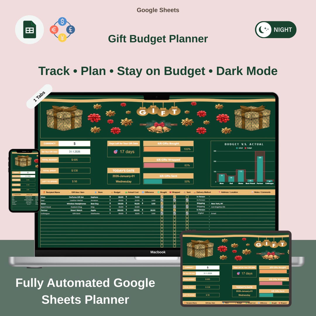 Dark Mode Gift Budget Planner Google Sheets (digital Download) - Etsy