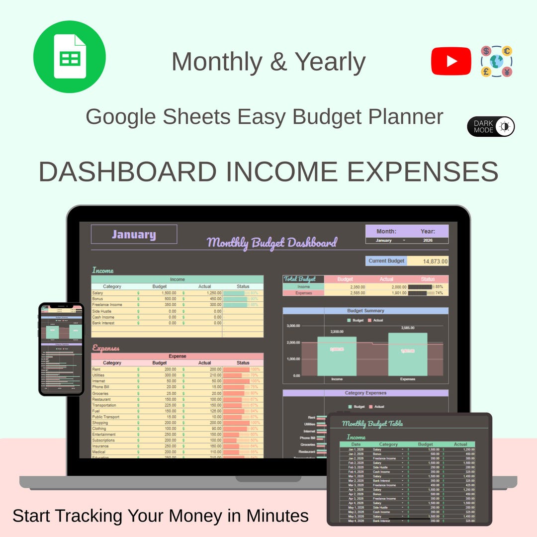Simple Google Sheets Easy Budget Planner Monthly Yearly Income Expense ...