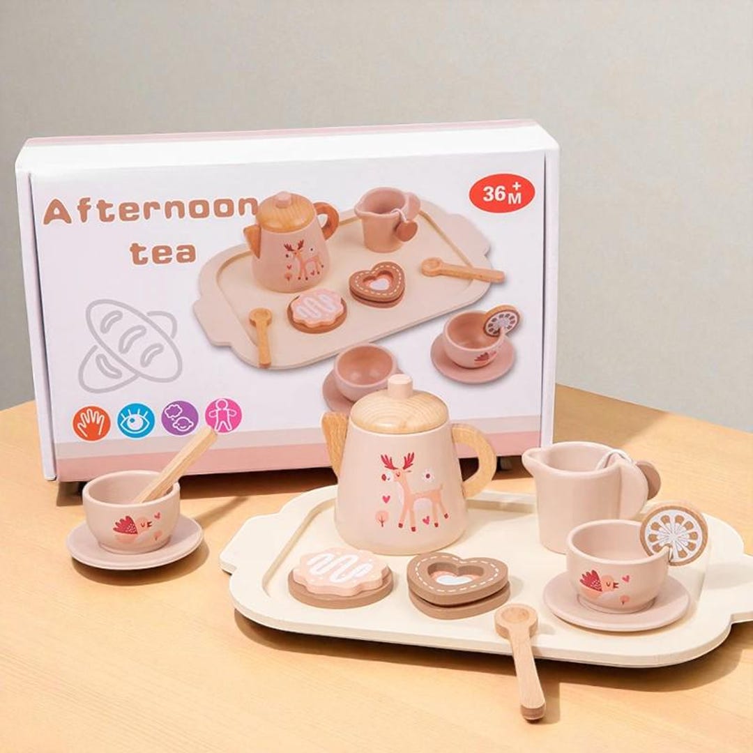 Wooden Kids Tea Set, Pretend Play Afternoon Tea Dessert & Teapot Toy ...
