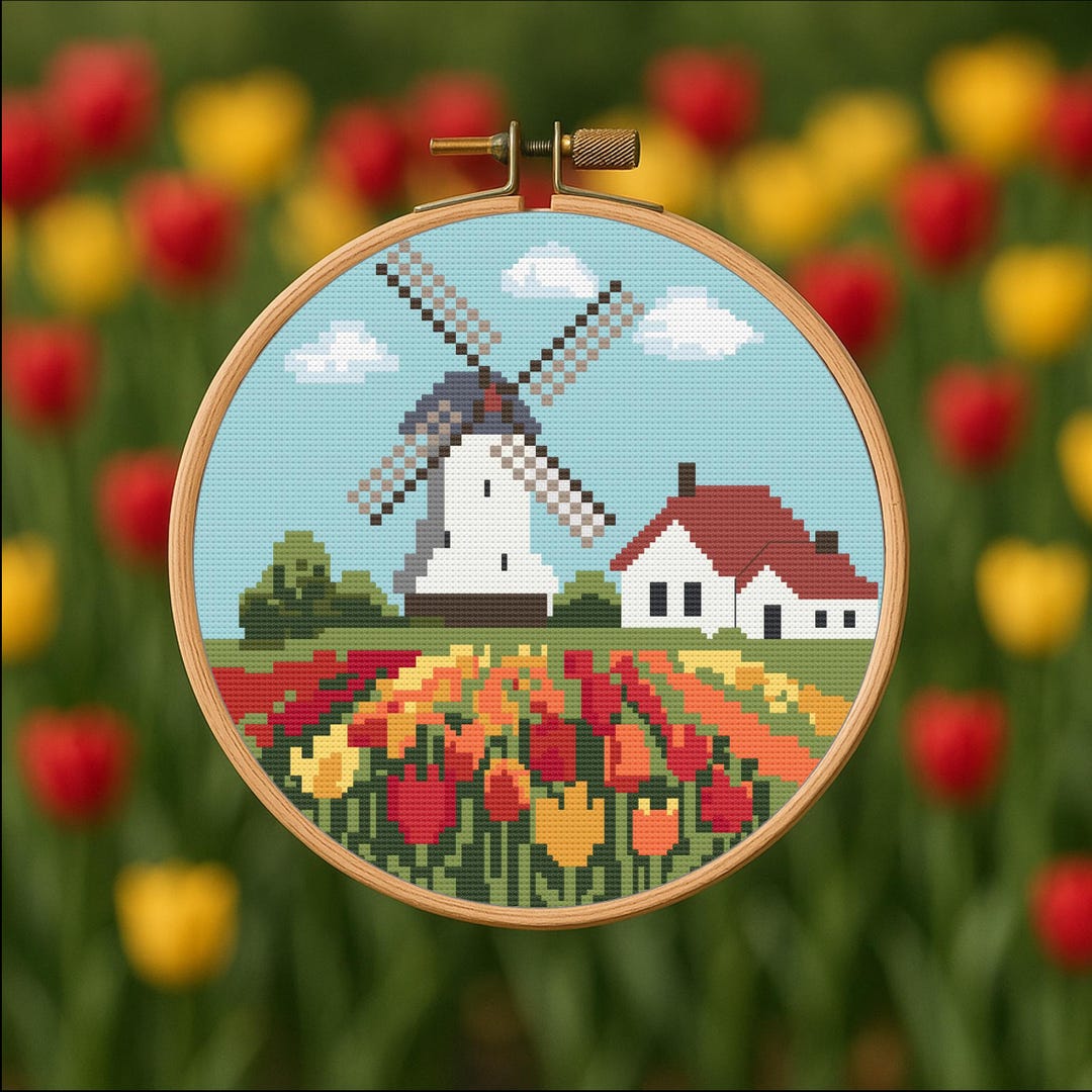 Dutch Windmill & Tulip Field Cross Stitch Pattern (PDF Download ...