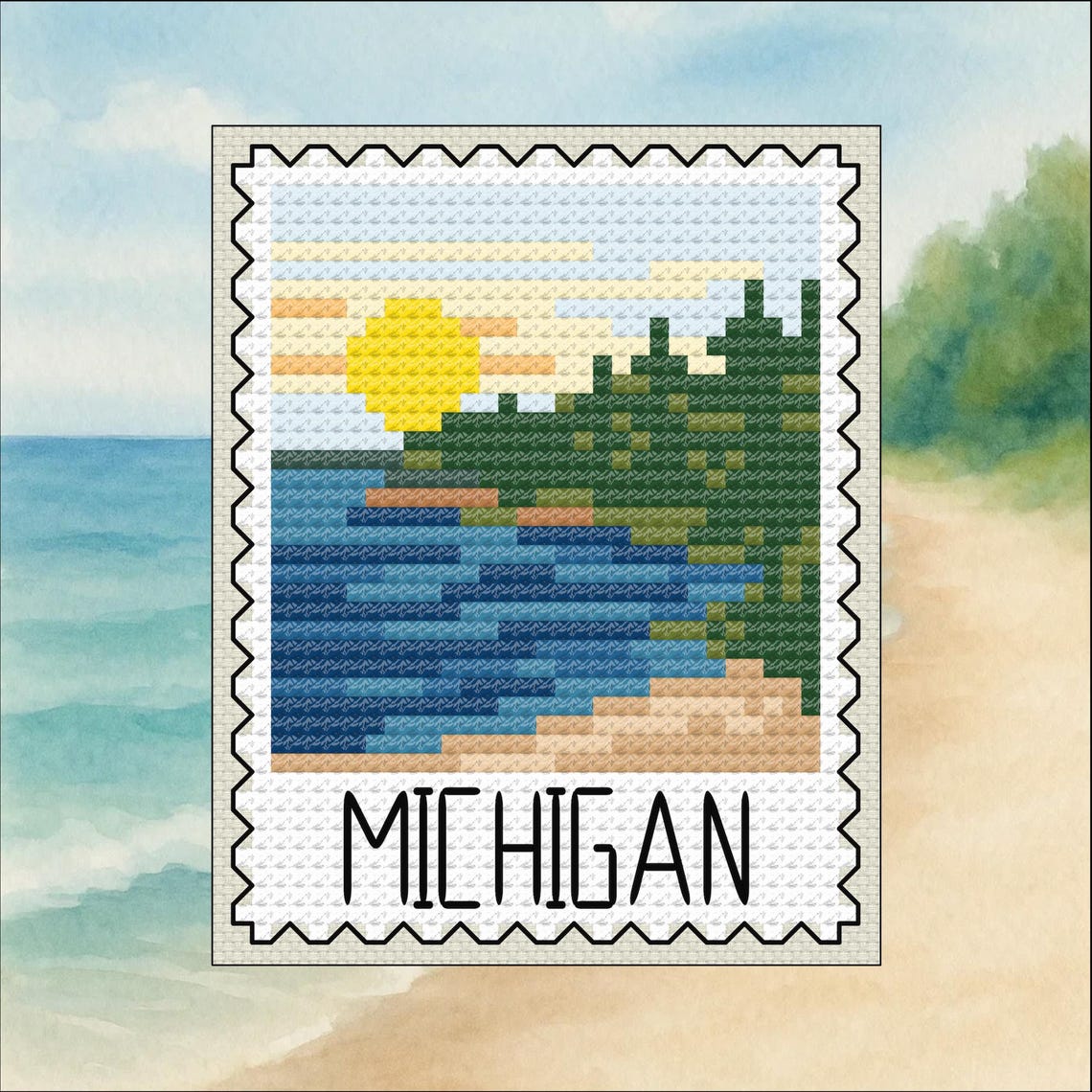Michigan Postage Stamp Cross Stitch Pattern – Great Lakes, US State ...