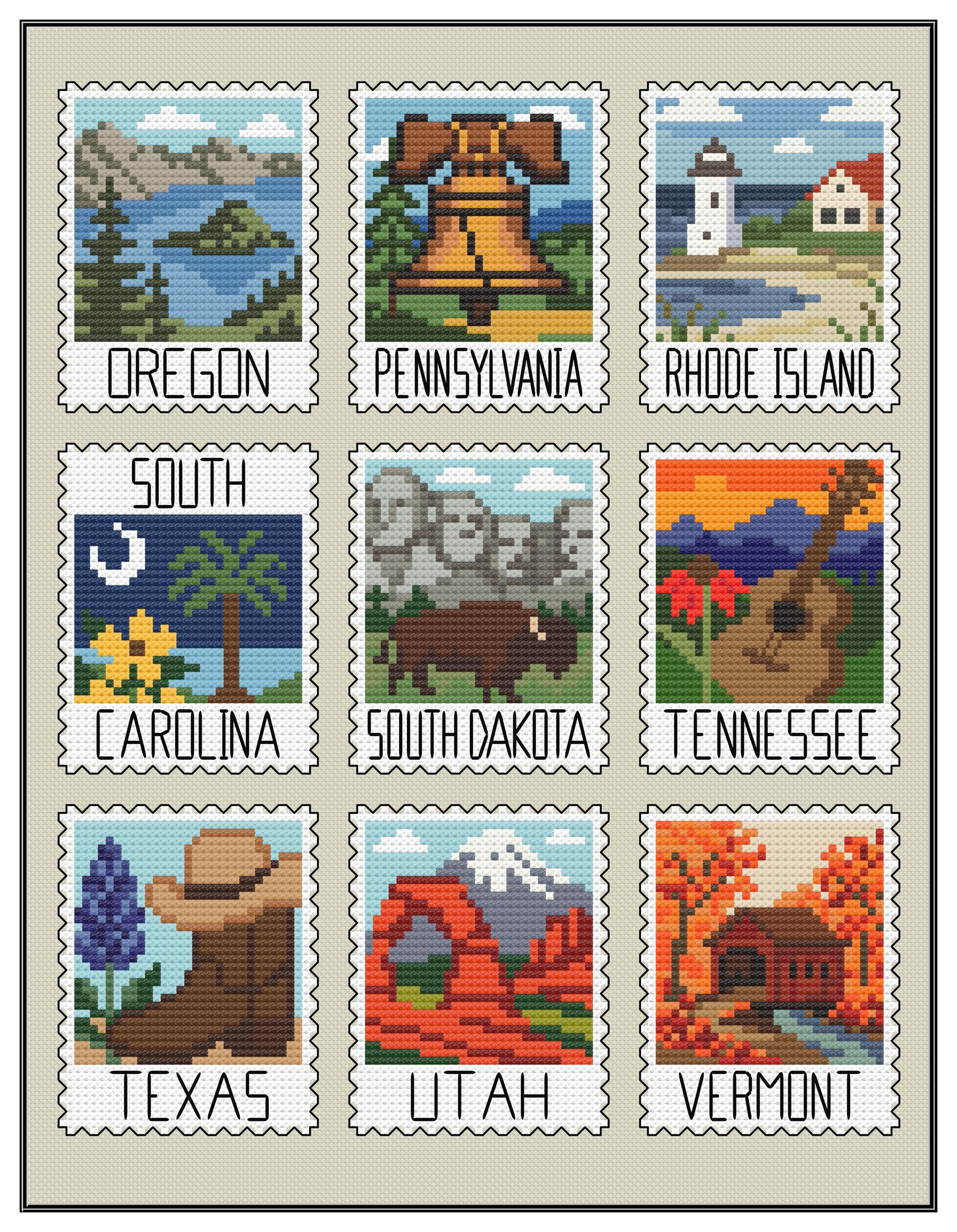 50 State Postage Stamp Cross Stitch Pattern Bundle: Stitch the USA ...