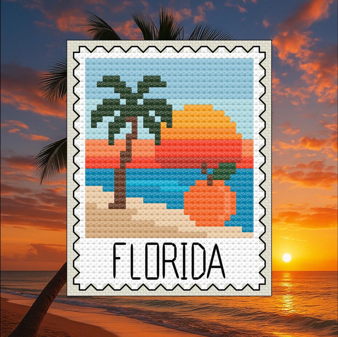 Florida Stamp Cross Stitch Pattern - Orange & Tropical Scene (PDF ...