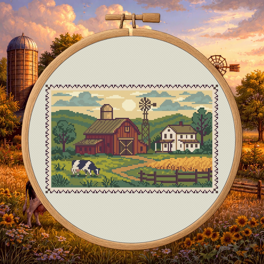 Heartland Farmstead – Cozy Farmhouse Landscape Cross Stitch Pattern PDF ...