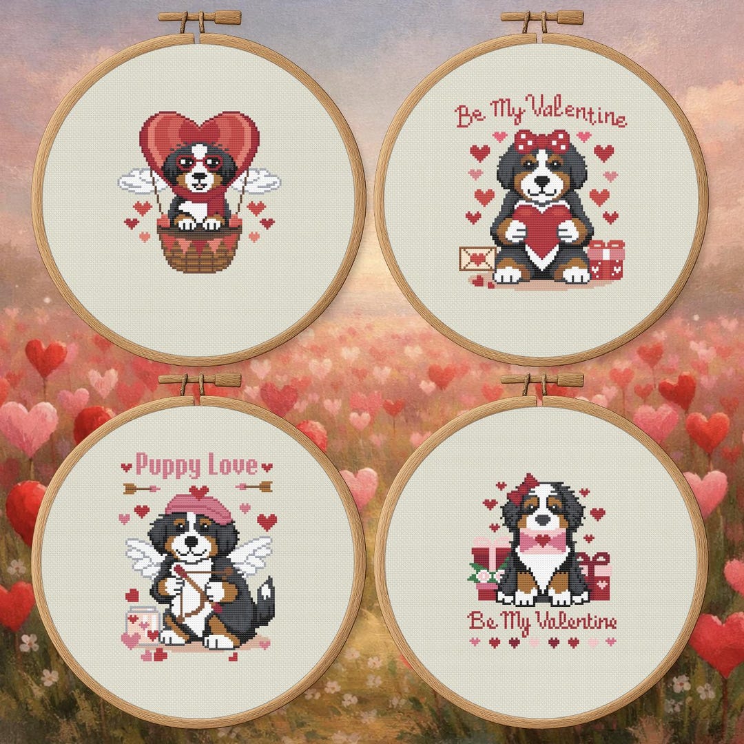 Bernedoodle Valentine Bundle – 4 Cross Stitch Patterns PDF – Puppy Love ...