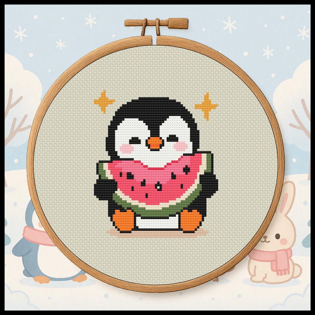 Penguin Watermelon Cross Stitch Pattern – Kawaii Summer (digital ...