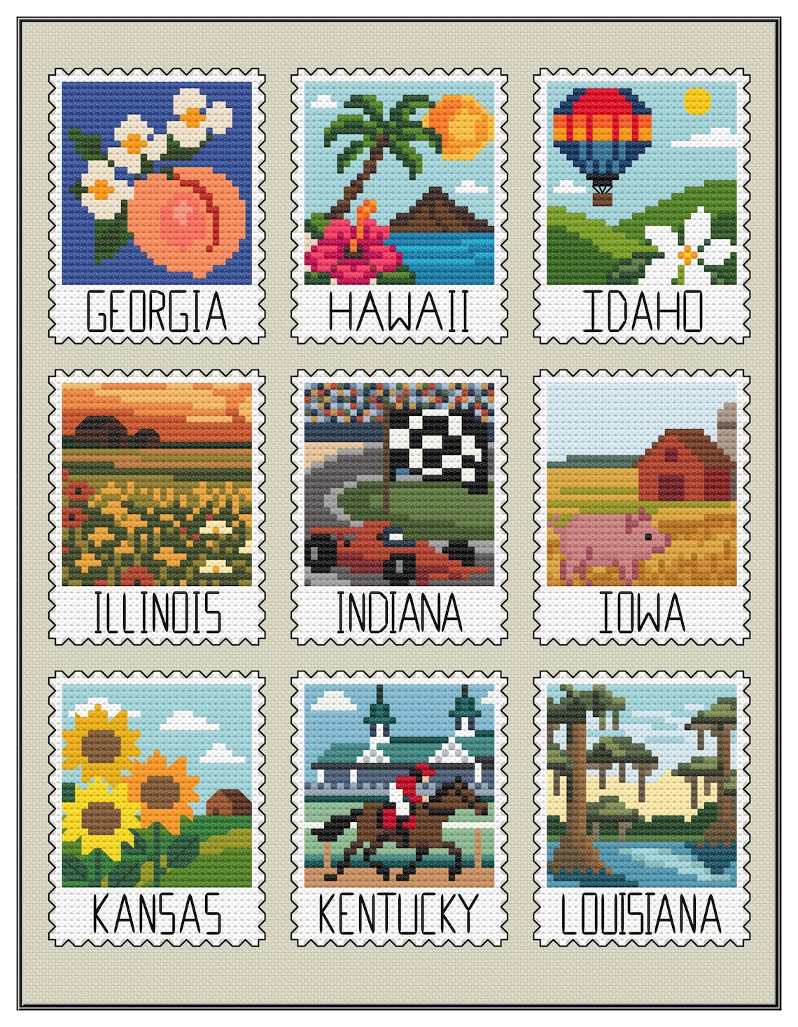 50 State Postage Stamp Cross Stitch Pattern Bundle: Stitch the USA ...