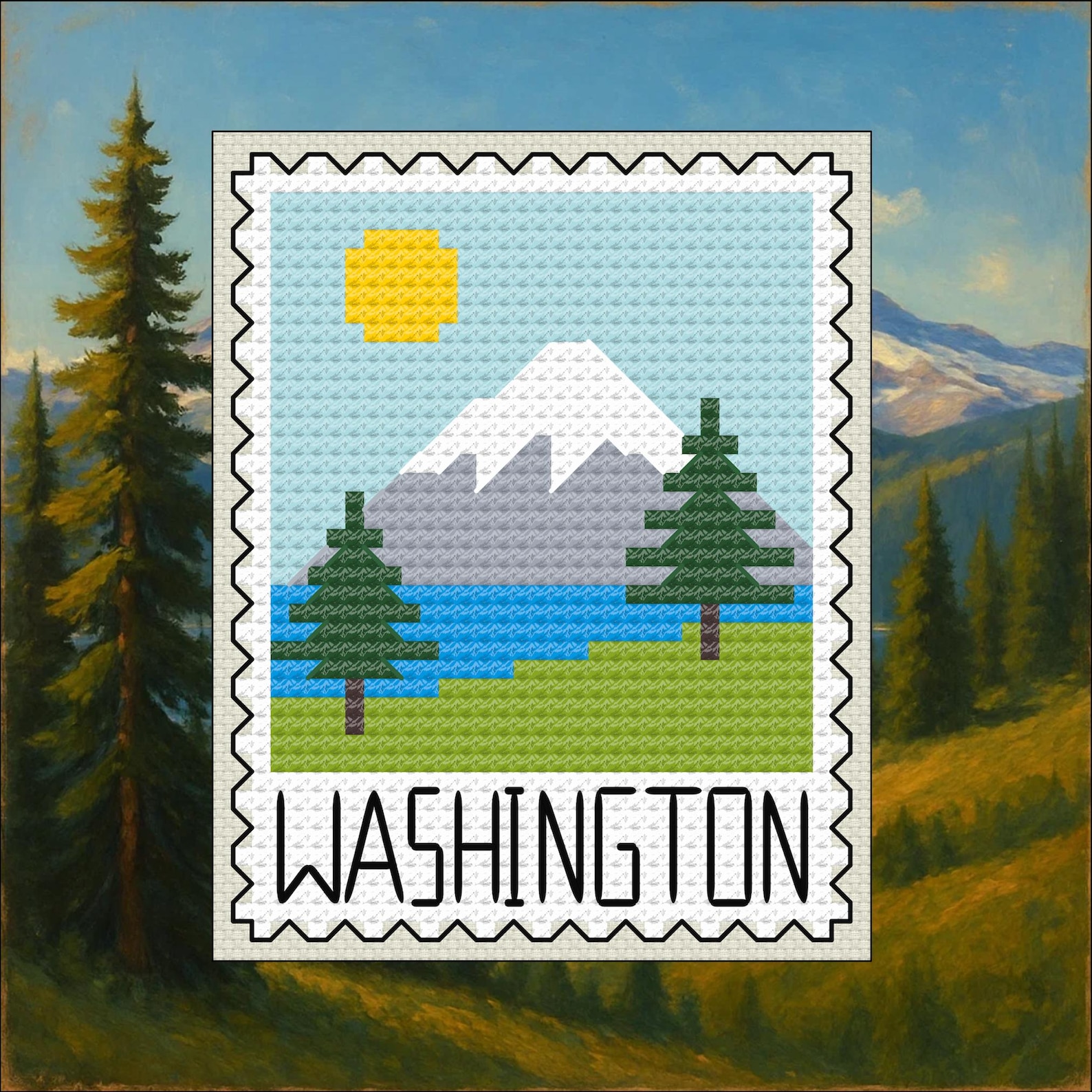 Washington State Cross Stitch Pattern: Evergreen Forest Postage Stamp ...