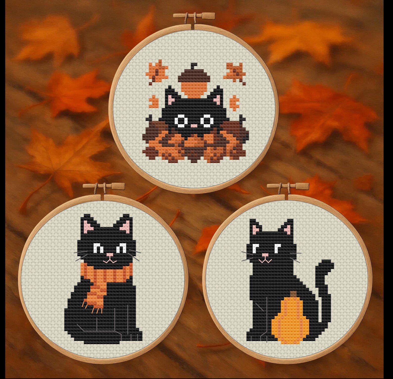 Autumn Stitch Trio – 3 Patterns – Fall Cats Cross Stitch Pattern Bundle ...
