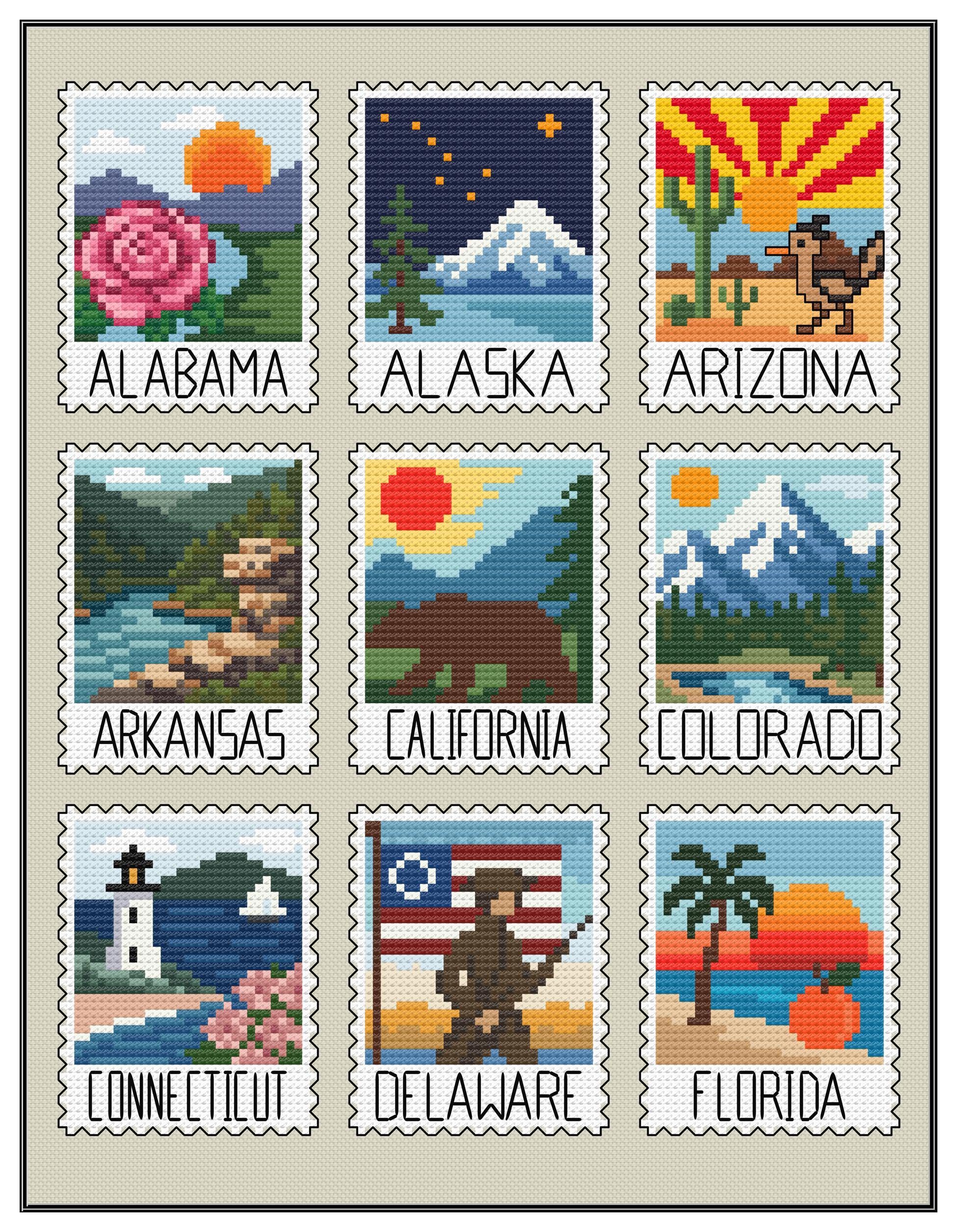 50 State Postage Stamp Cross Stitch Pattern Bundle: Stitch the USA ...