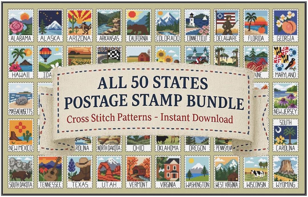 50 State Postage Stamp Cross Stitch Pattern Bundle: Stitch the USA ...