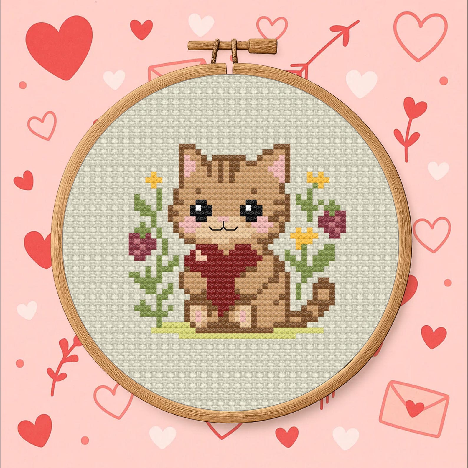 Valentine Cat Cross Stitch Pattern – Heart & Flowers (digital Download ...