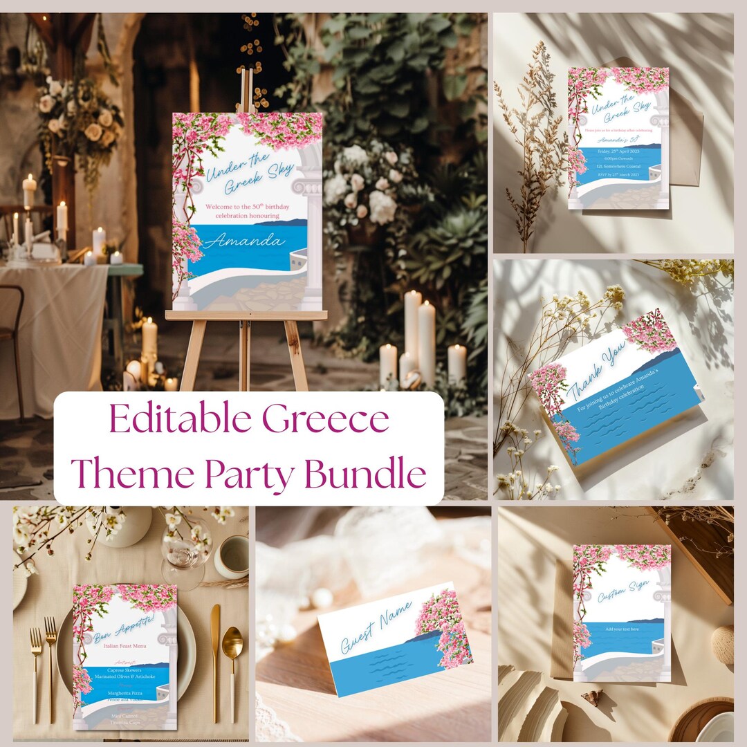 Greece Theme Party Invitation Bundle Printable Santorini Birthday Decor ...