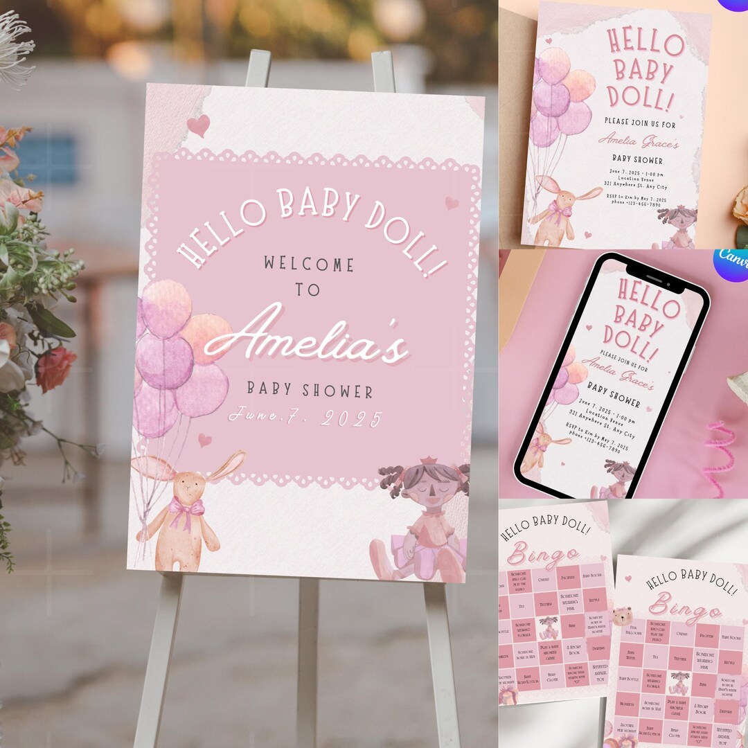 Hello Baby Doll Baby Shower Invitation Bundle, Pink Vintage 1st ...
