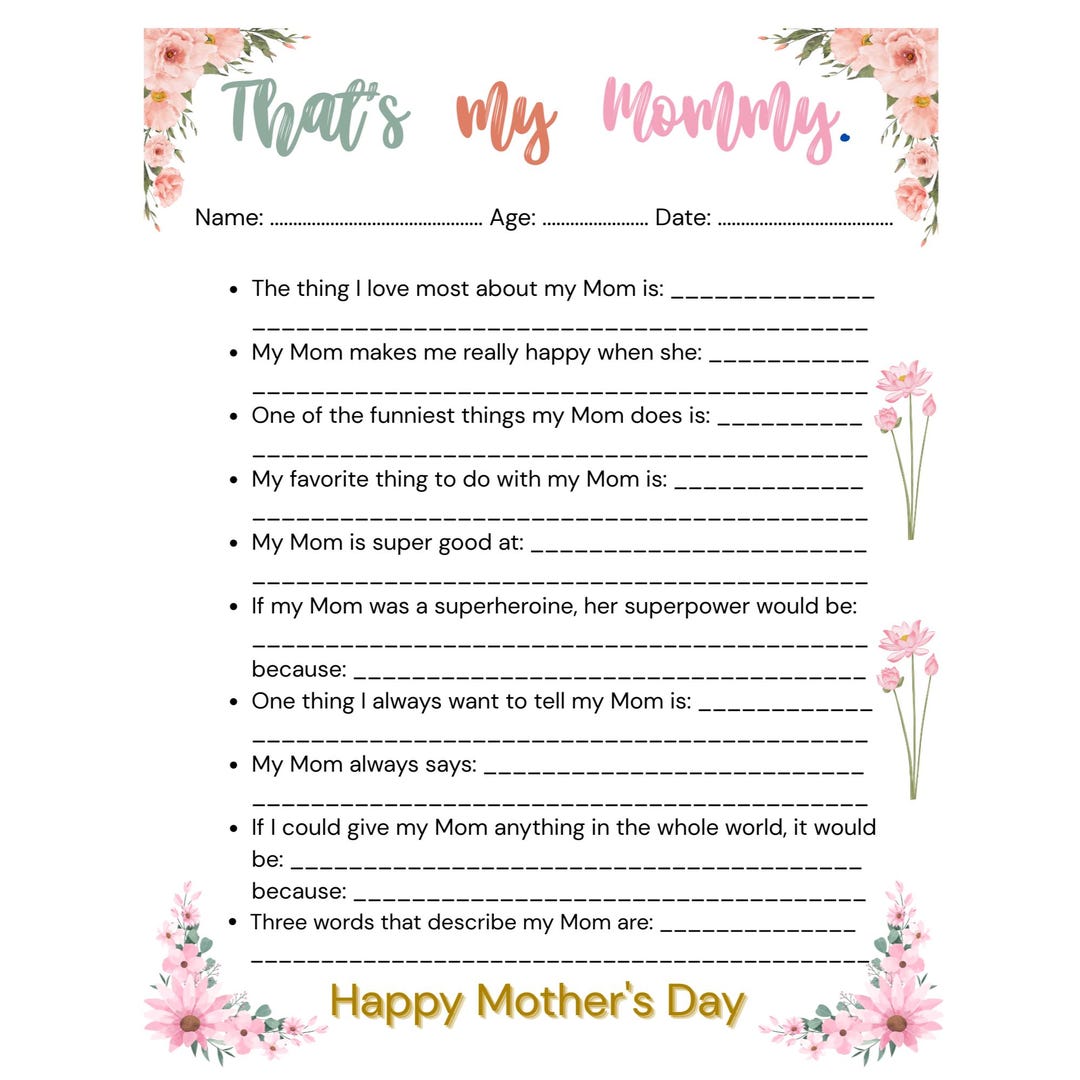 Questionnaire - "all About Mom" Printable PDF for Mother's Day ...