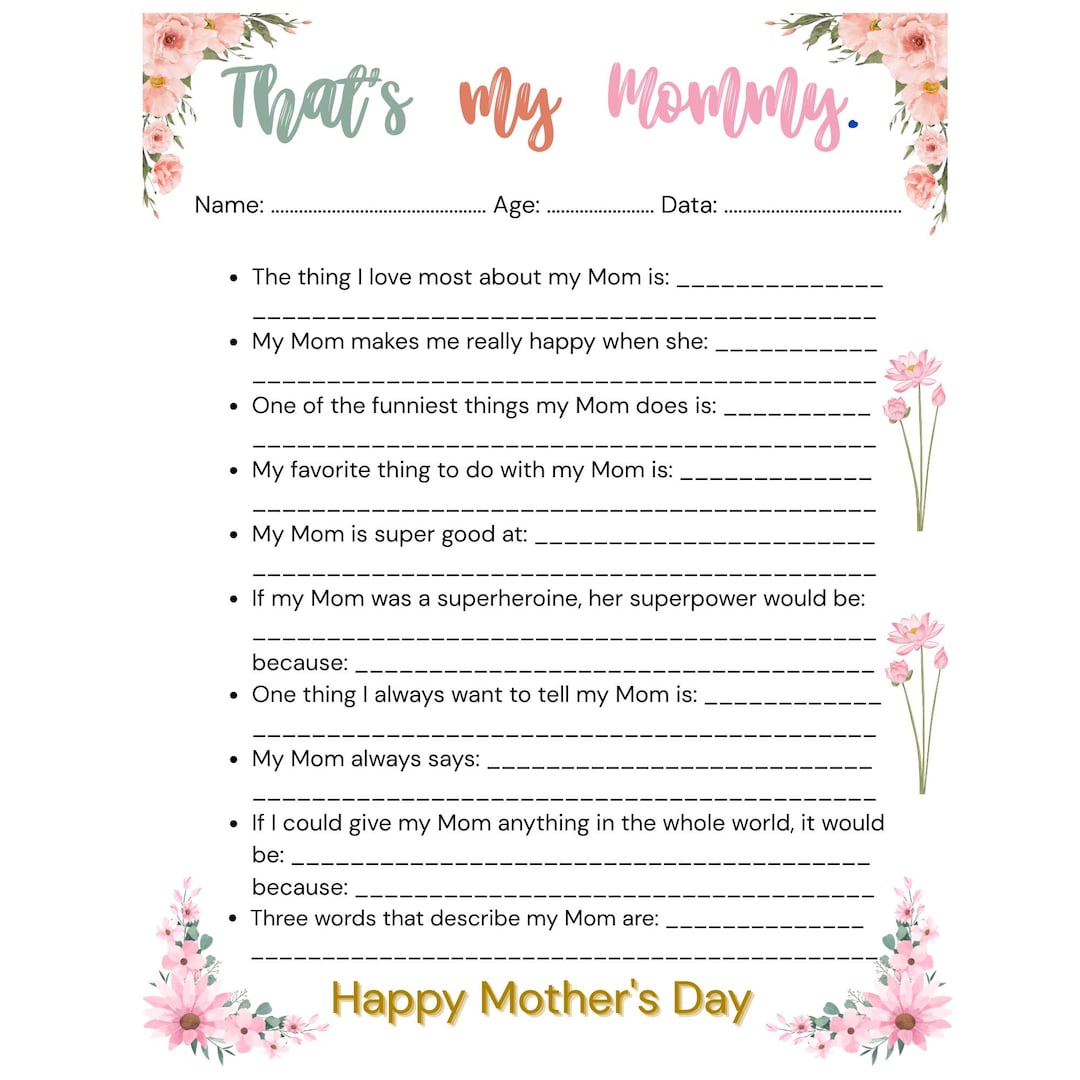 Questionnaire - "all About Mom" Printable PDF for Mother's Day ...