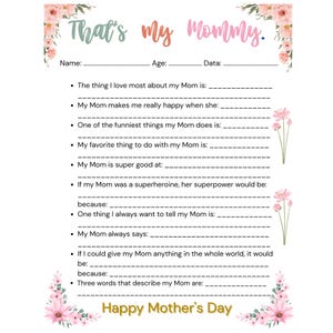 Questionnaire - "all About Mom" Printable PDF for Mother's Day ...