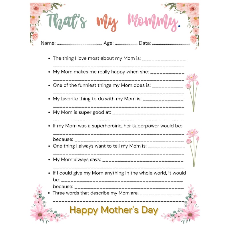 Questionnaire - "all About Mom" Printable PDF for Mother's Day ...