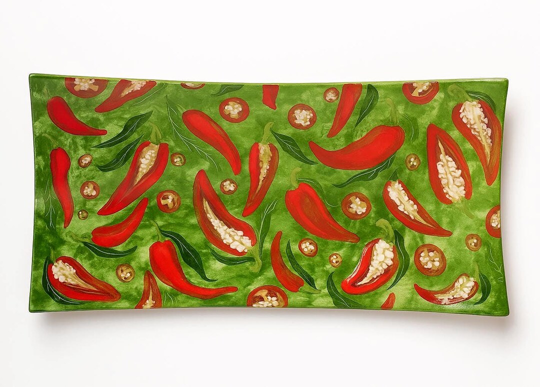Hand-painted Chilli Swoop Platter – Vibrant Green Ceramic Serving Dish ...