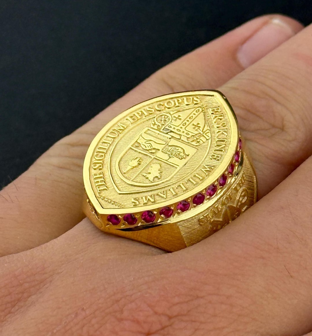 Personalized Bishop Seal Ring With Ruby Stones | Custom Gold-plated ...