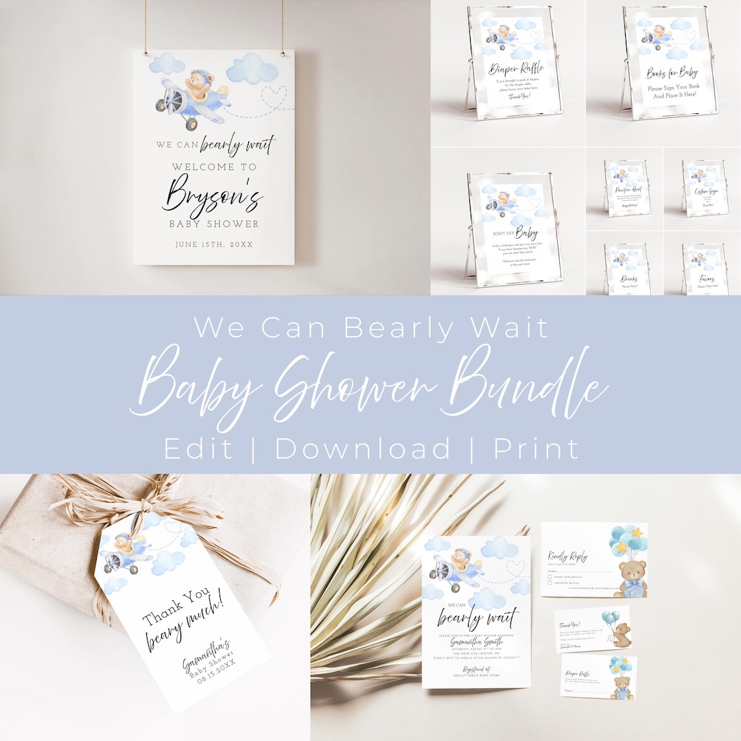 Blue Teddy Bear Baby Shower Bundle: Editable Printables (digital ...