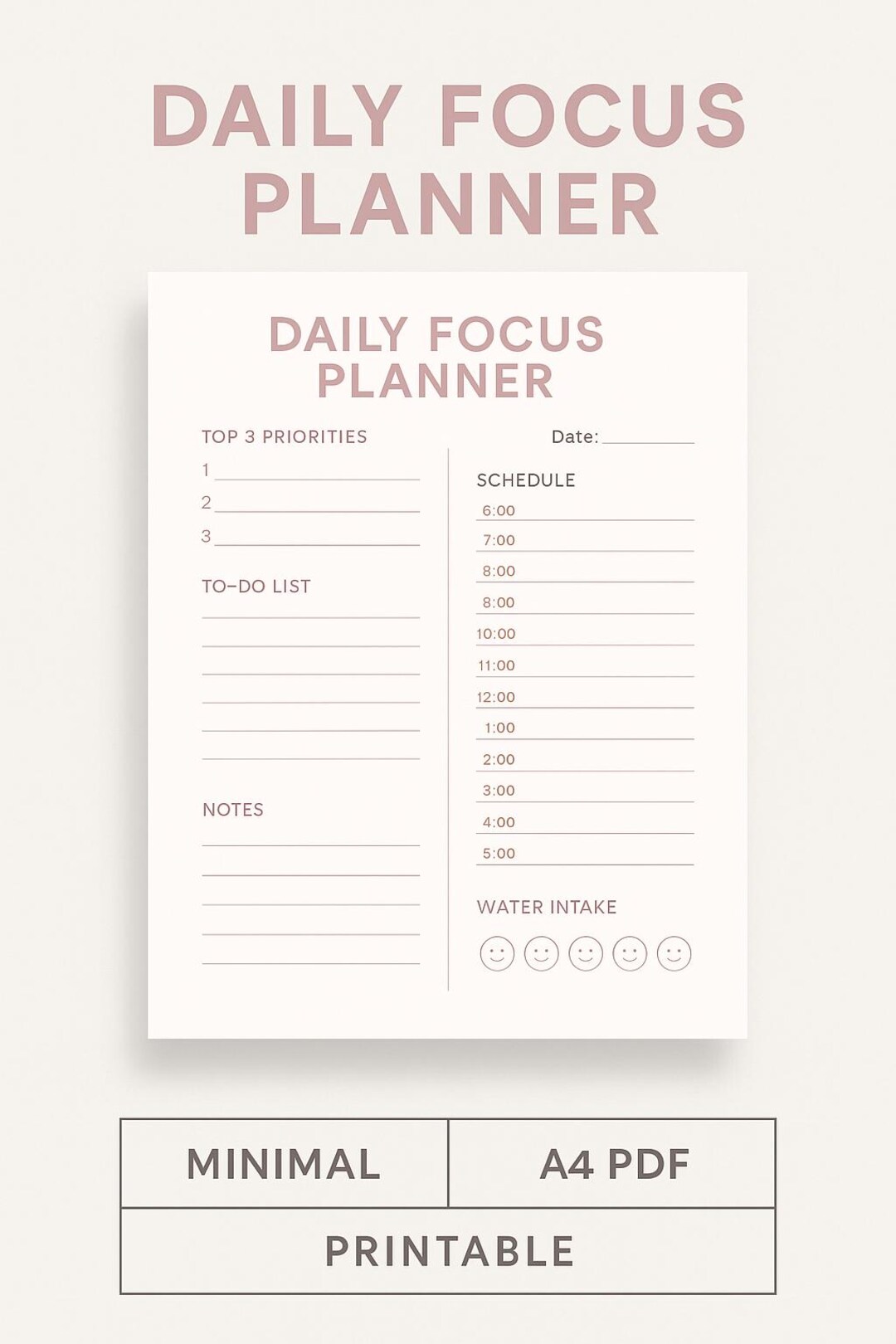 Daily Focus Planner | Printable A4 PDF | Soft Pink Minimalist Day ...