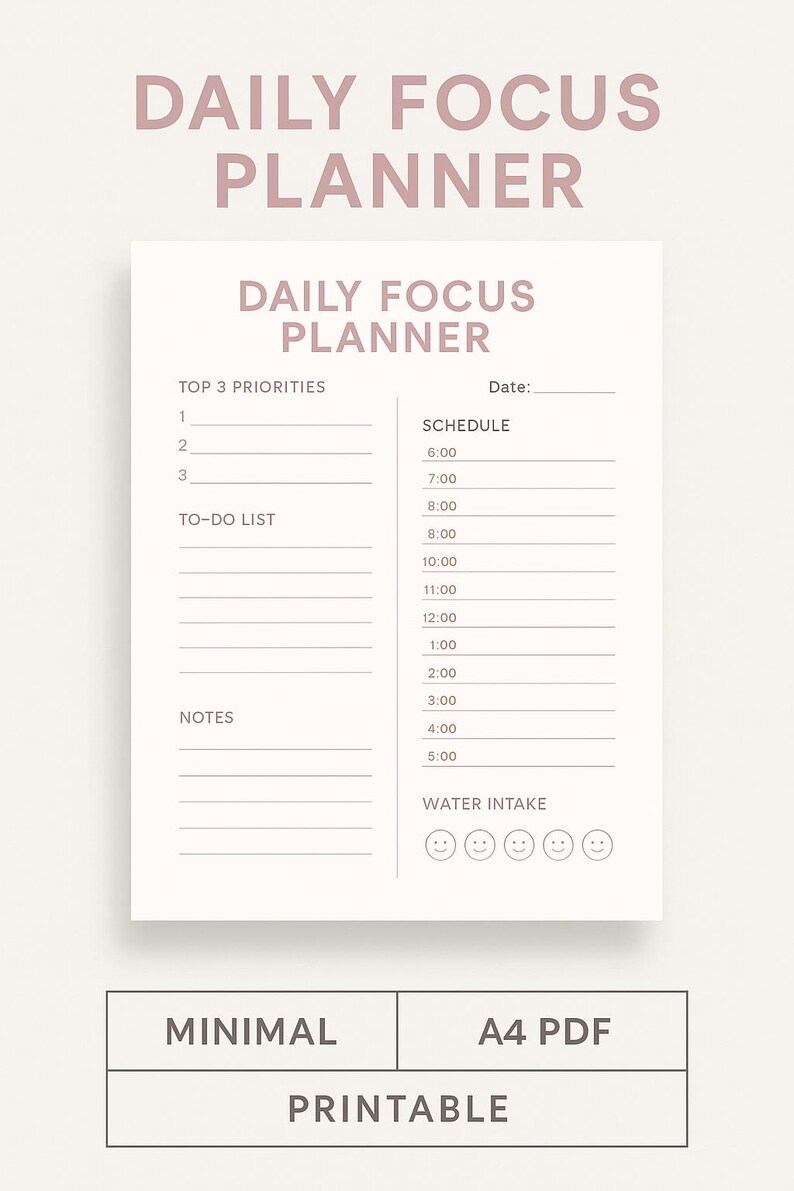 Daily Focus Planner | Printable A4 PDF | Soft Pink Minimalist Day ...