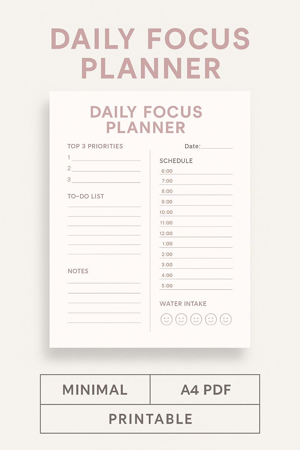 Daily Focus Planner | Printable A4 PDF | Soft Pink Minimalist Day ...