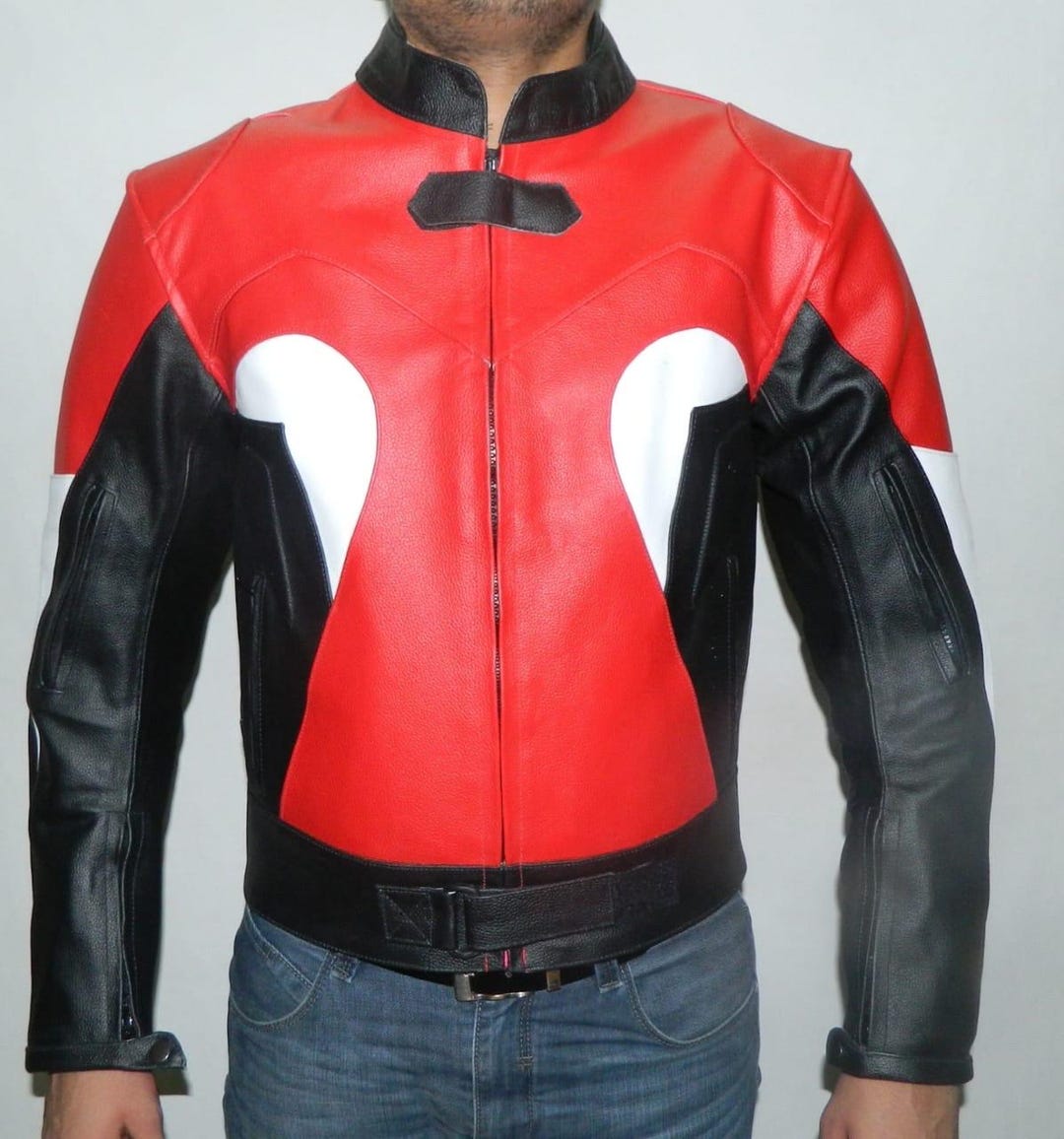 Deadpool Inspired Leather Biker Jacket: Red & Black Superhero Cosplay ...