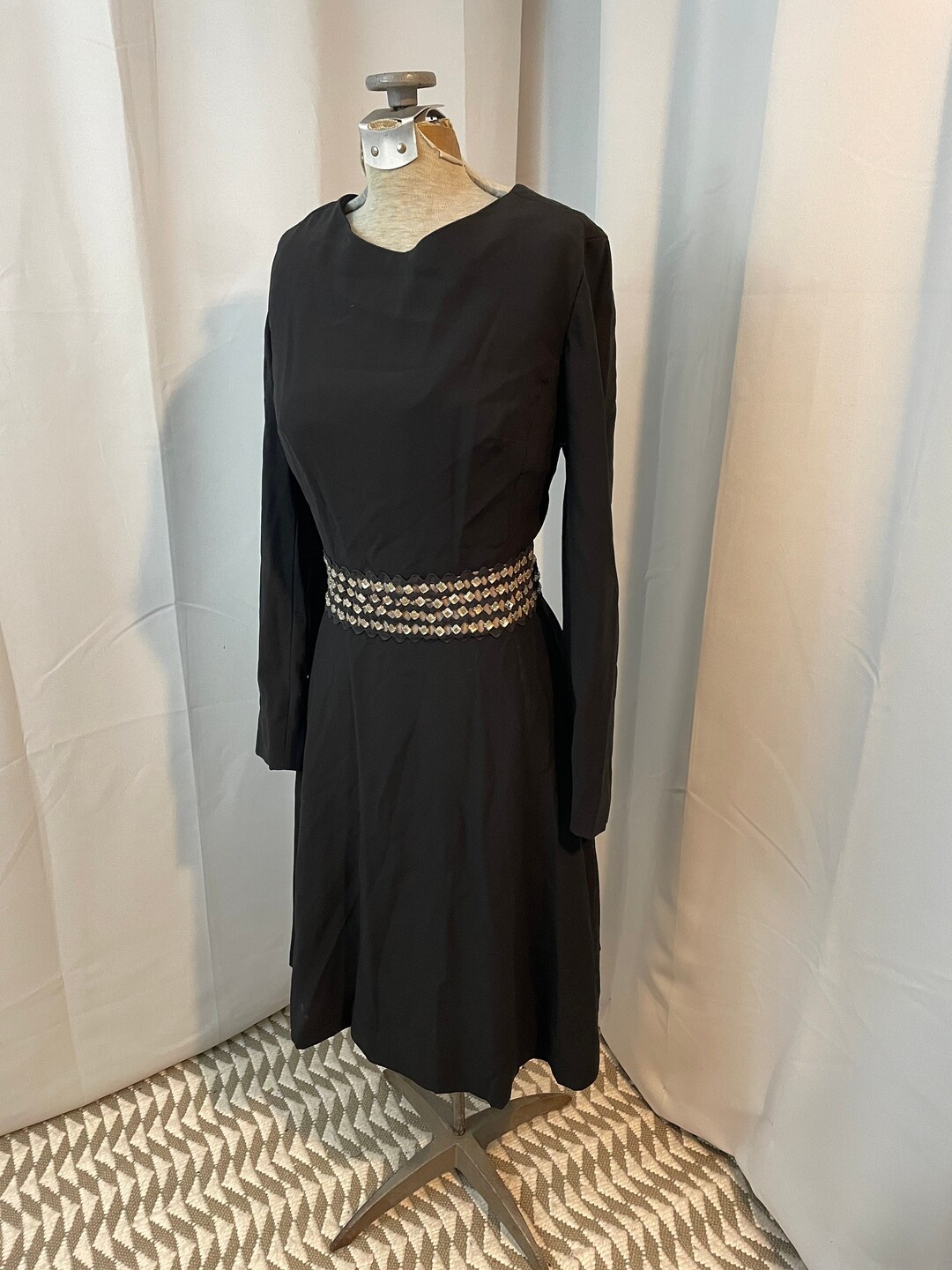 Black Rhinestone Dress LBD Mini Rick Rack Sash Belt DEADSTOCK 1960s M ...