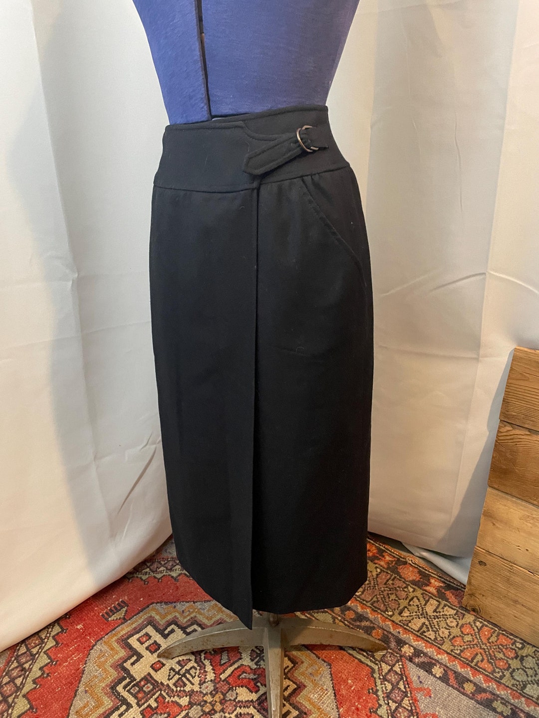 Emanuel Ungaro Paris Black Wool Wrap Skirt Designer 1980s Emanuel Ungaro Paris Black Wool Wrap Skirt Designer 1980s