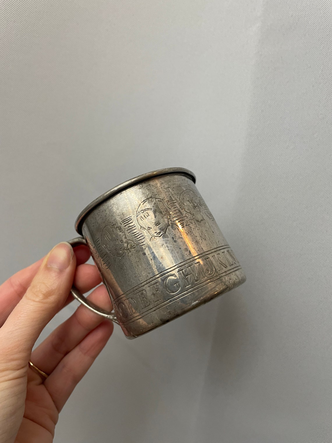 Silver Baby Cup Mug Oneida Silver-plate With Faces and Alphabet Vintage ...