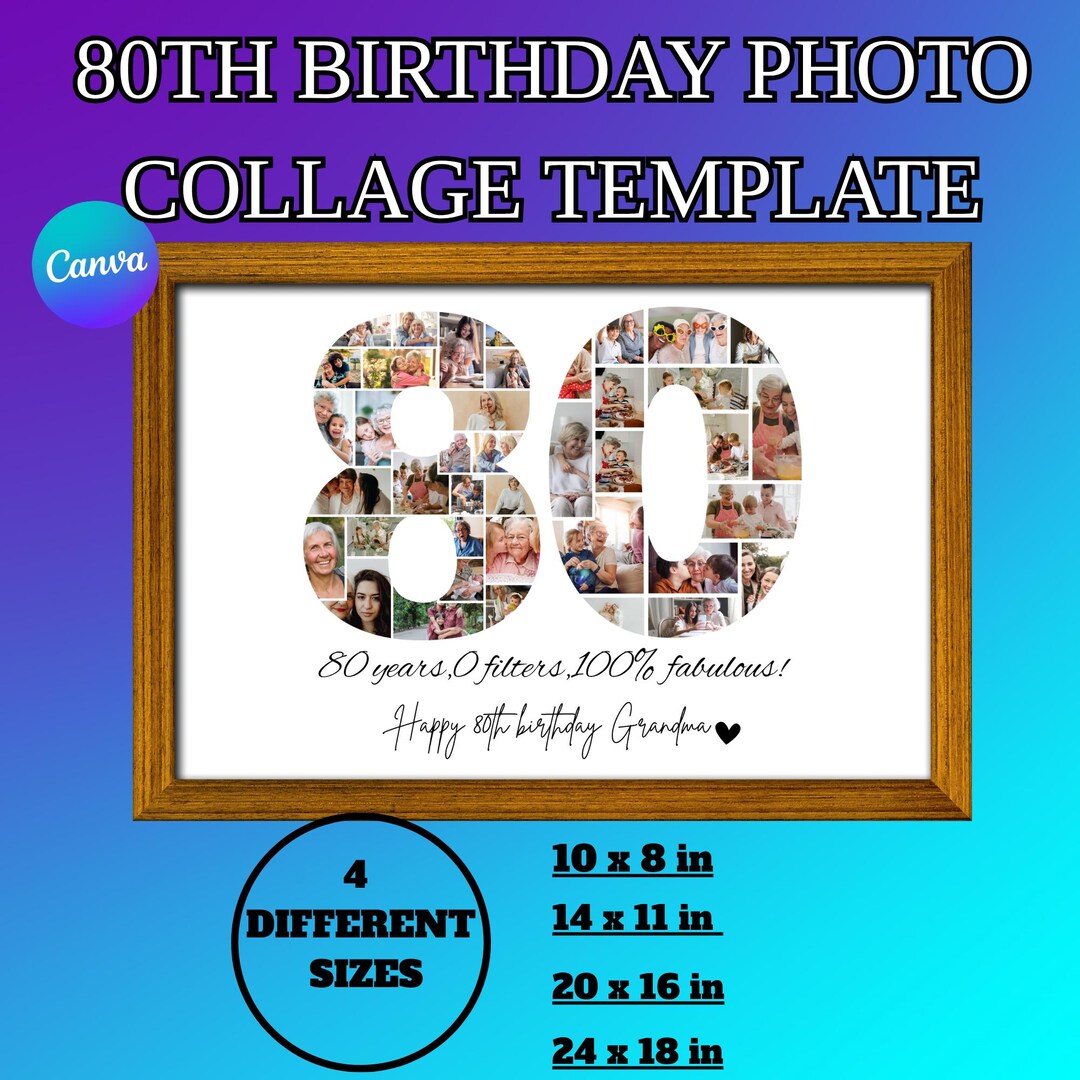 80th Birthday Photo Collage Canva Template | Personalized Number 80 ...