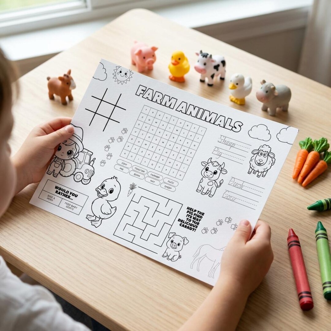 Printable Activity Placemat, Farm Animals Coloring Mat for Kids, Fun ...