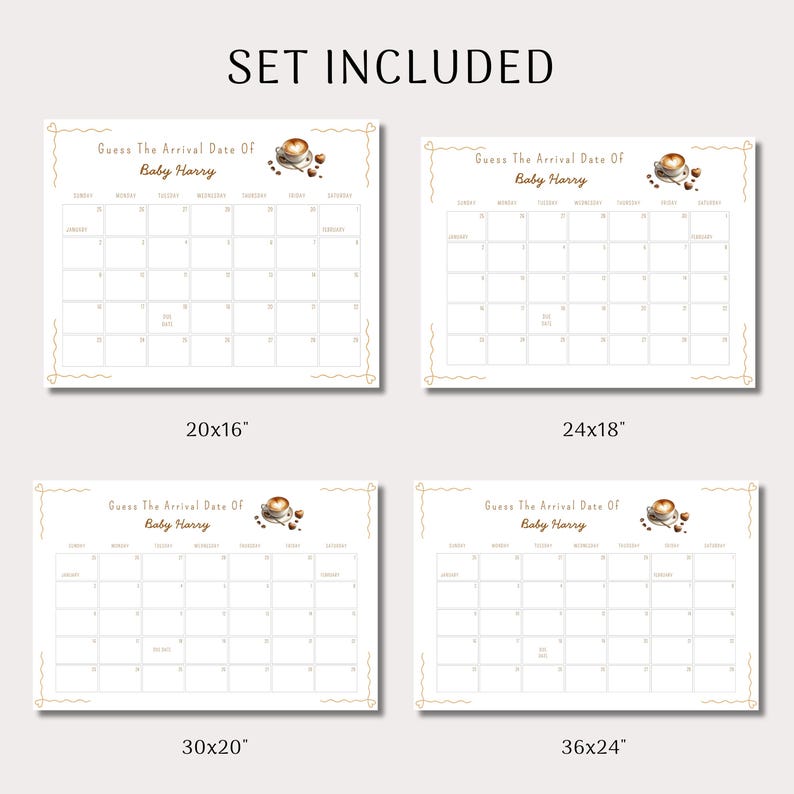 Coffee Baby Shower Due Date Calendar Template | Editable Guess the ...