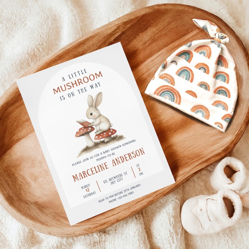 Mushroom Baby Shower Invite Set, Editable Woodland Invitation Bundle ...