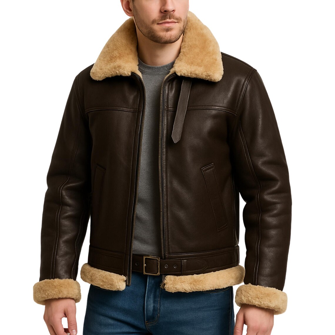 Mens RAF B3 Aviator Bomber Leather Jacket - WW2 Faux Fur Shearling ...
