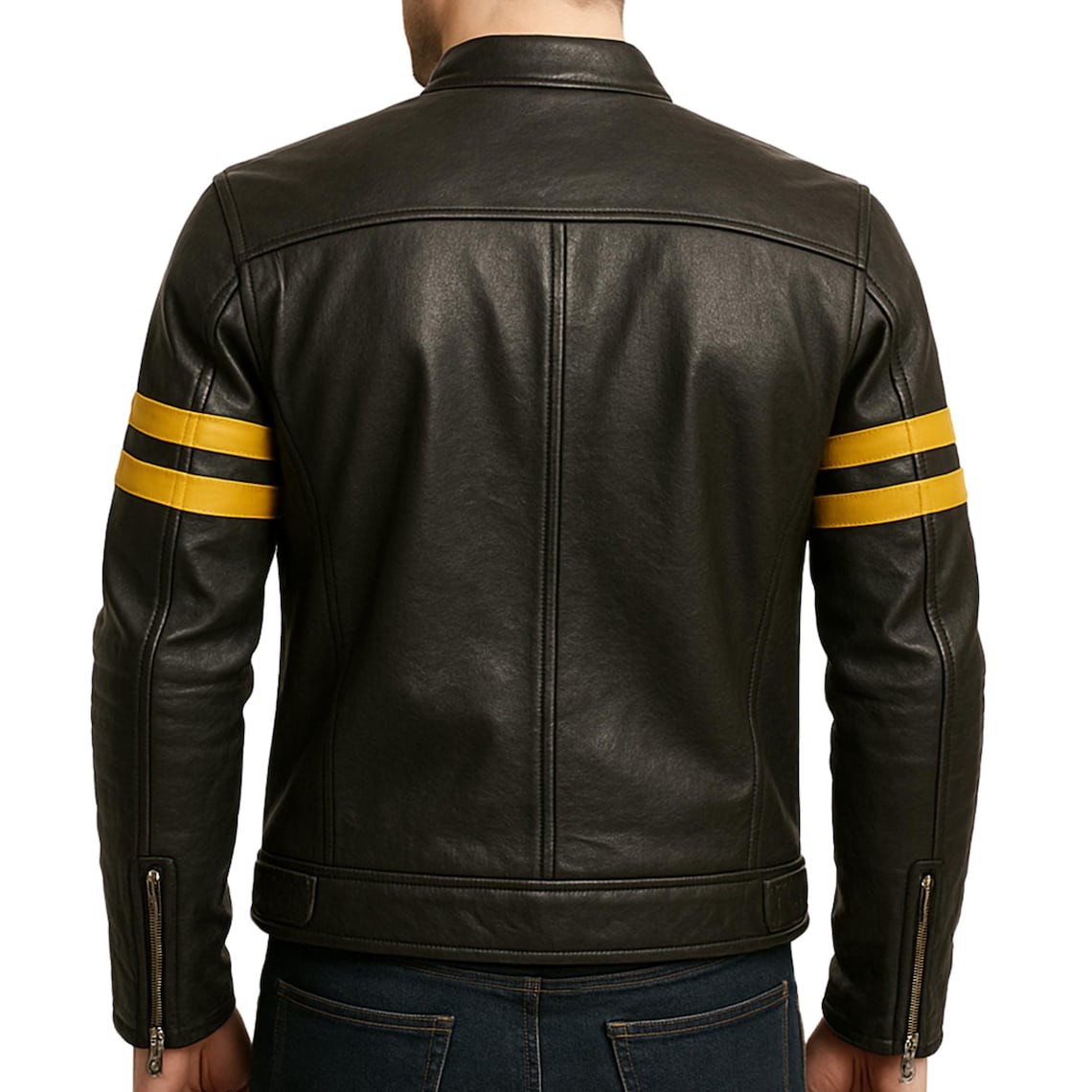 Mens Retro Cafe Racer Yellow Stripes Motorcycle Biker Vintage Black ...
