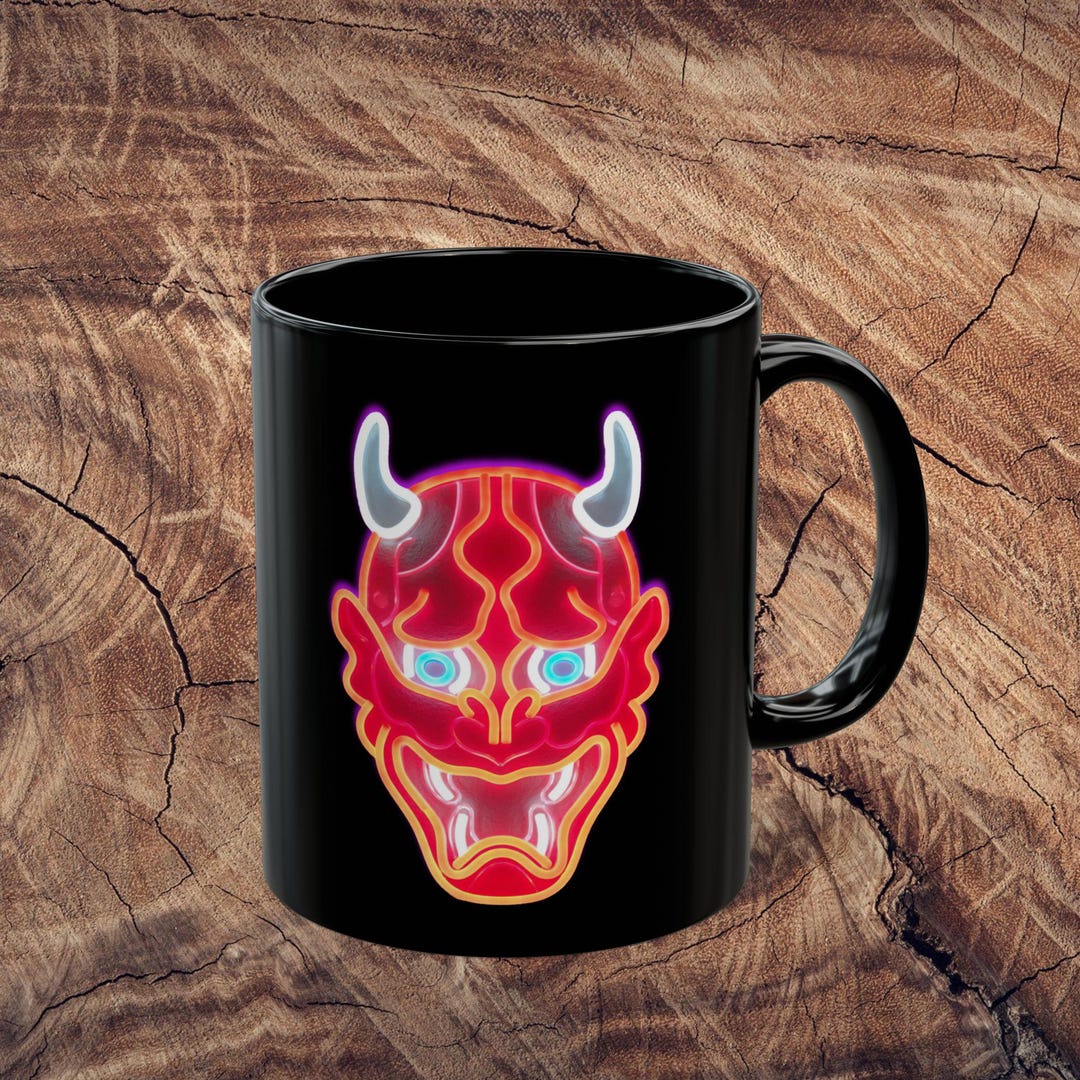 Tokyo Neon Oni Mug, Cyberpunk Demon Mask Coffee Cup, Japanese Street ...