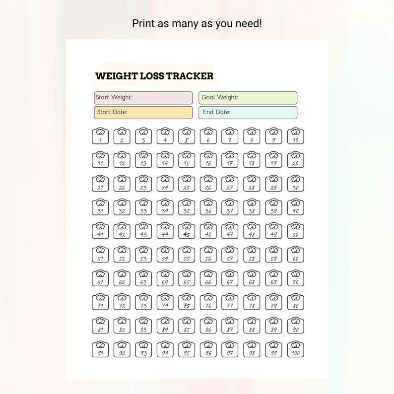 100 Days Weight Loss Tracker, Printable Weight Loss Tracker, Weight ...