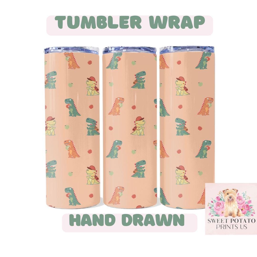 Back to School Dinosaurs, Fall Apples, Tumbler Wrap, Hand Drawn Digital ...