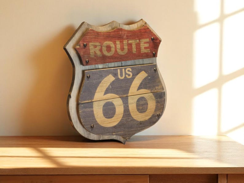 Handmade Wooden Wall Sign – Route 66 Decor | Rustic Wall Art | 35x38 Cm ...
