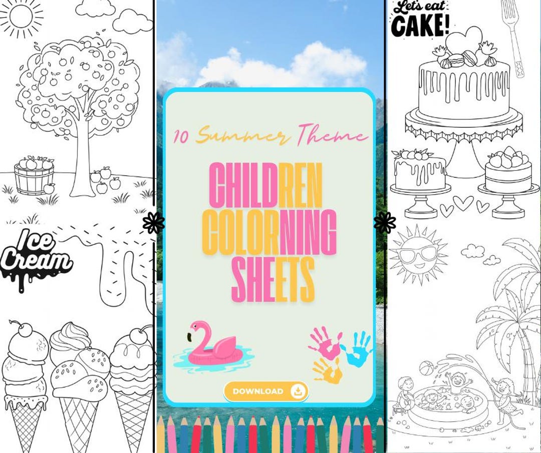 10 Summer Theme Printable Children Coloring Sheets - Etsy