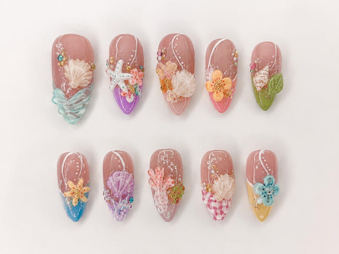 Beach & Sea 3D Nail Art Set – Pastel Press-on Nails With Shells ...
