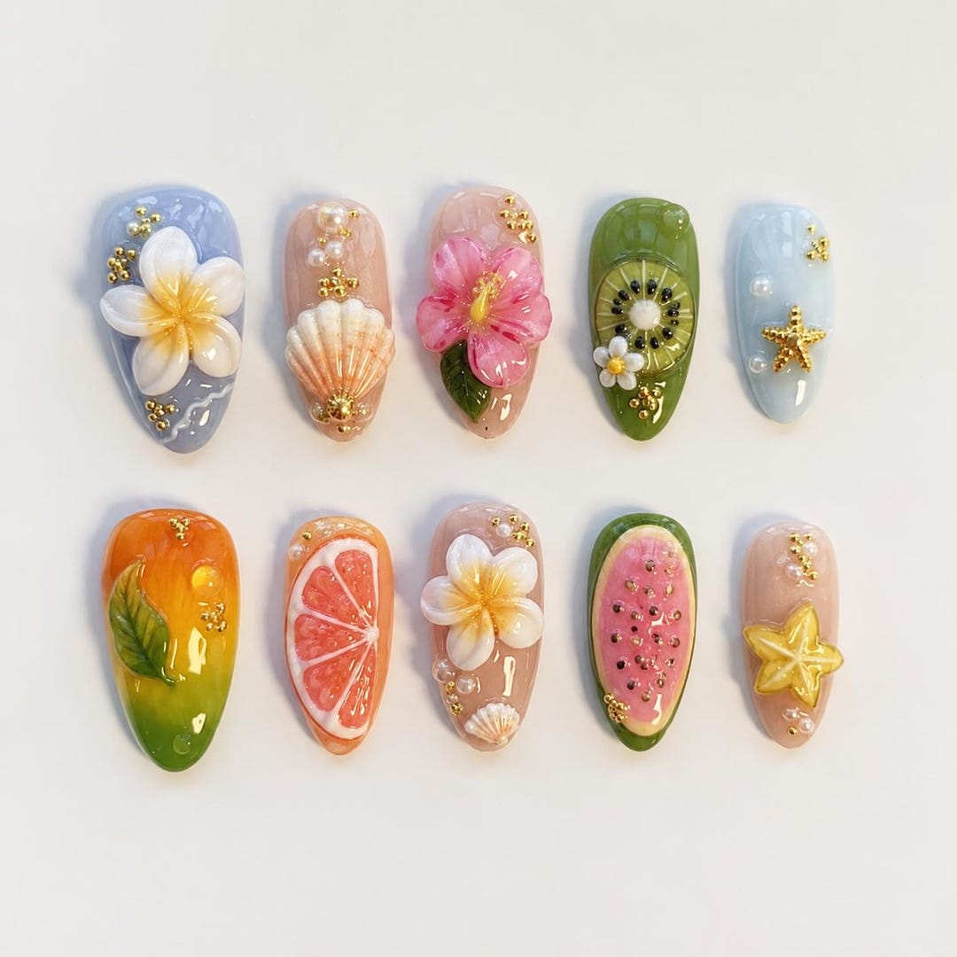 Tropical Fruit & Flower Press on Nails | Summer Beach Gel Nails | Kiwi ...